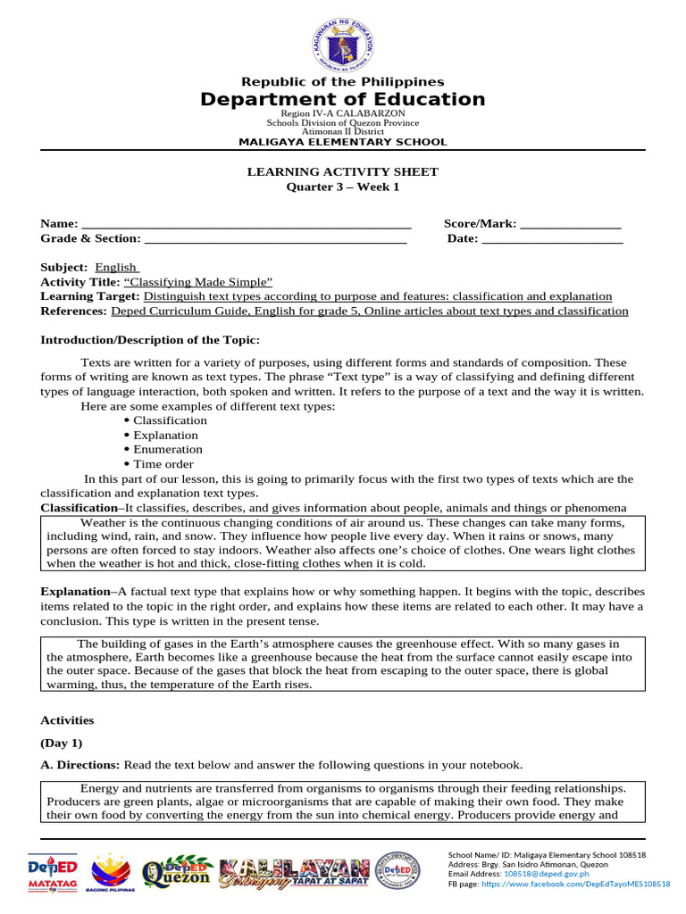 Activity Sheet - English-Q3 | PDF | Earth Sciences | Nature