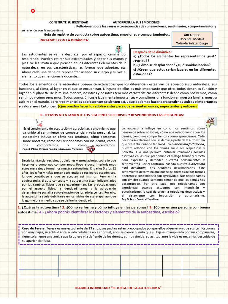 Ficha de Ses2 Proyecto Medalit | PDF | Autoestima | Comportamiento