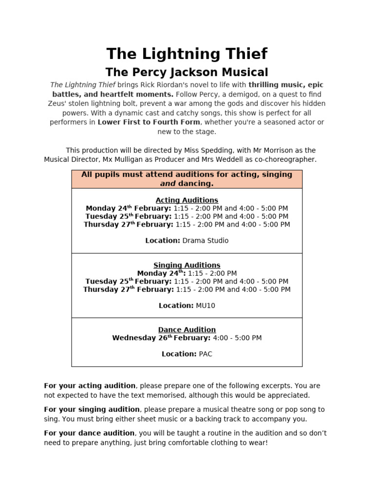 The Percy Jackson Musical Audition Script - Male | PDF | Audition ...