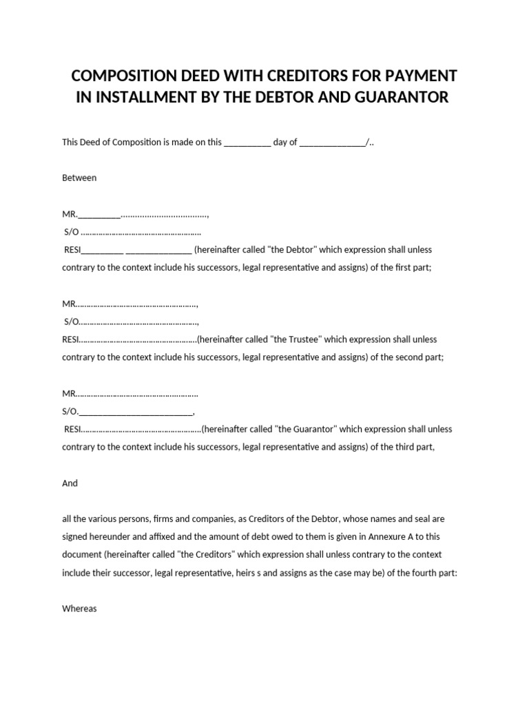 Composition Deed for Debt Settlement | PDF | Debtor | Debt