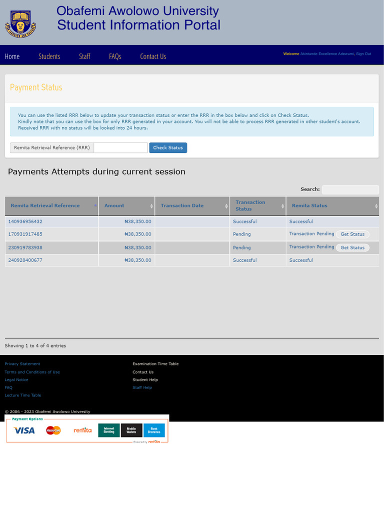 Obafemi Awolowo University - Fees Payment | PDF