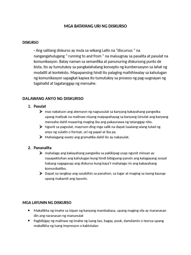 Mga Batayang Uri NG Diskurso | PDF