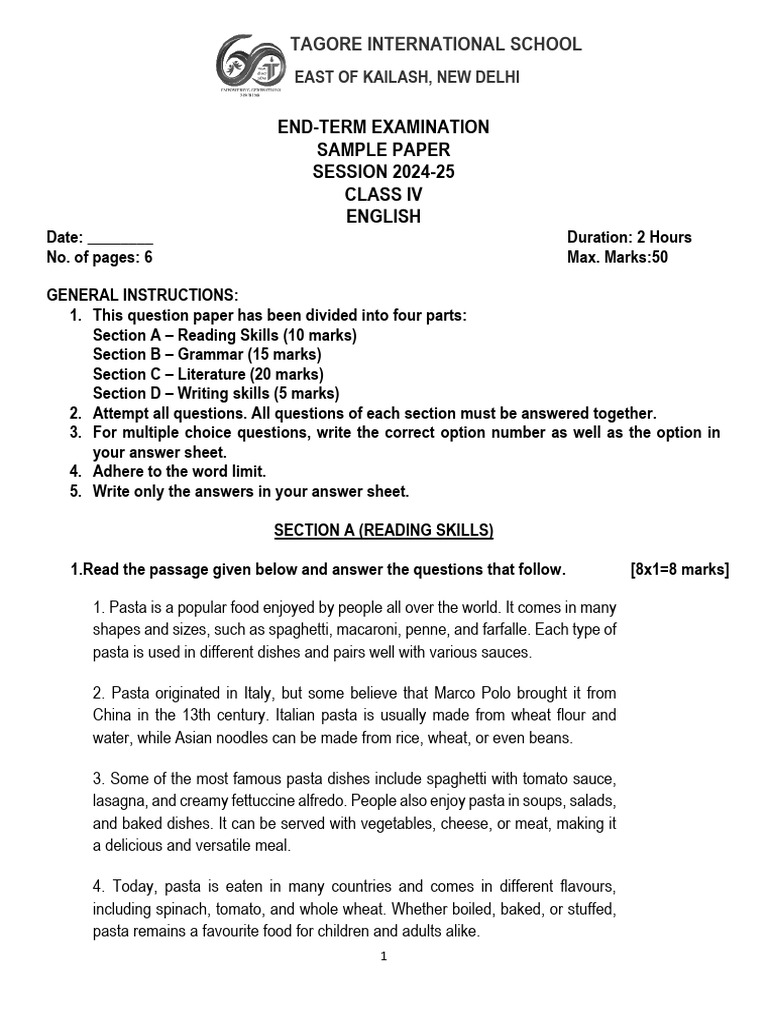 English End Term Sample Paper Class IV Session- 2024-25 | PDF | Pasta ... English End Term Sample Paper Class IV Session- 2024-25 | PDF | Pasta ...