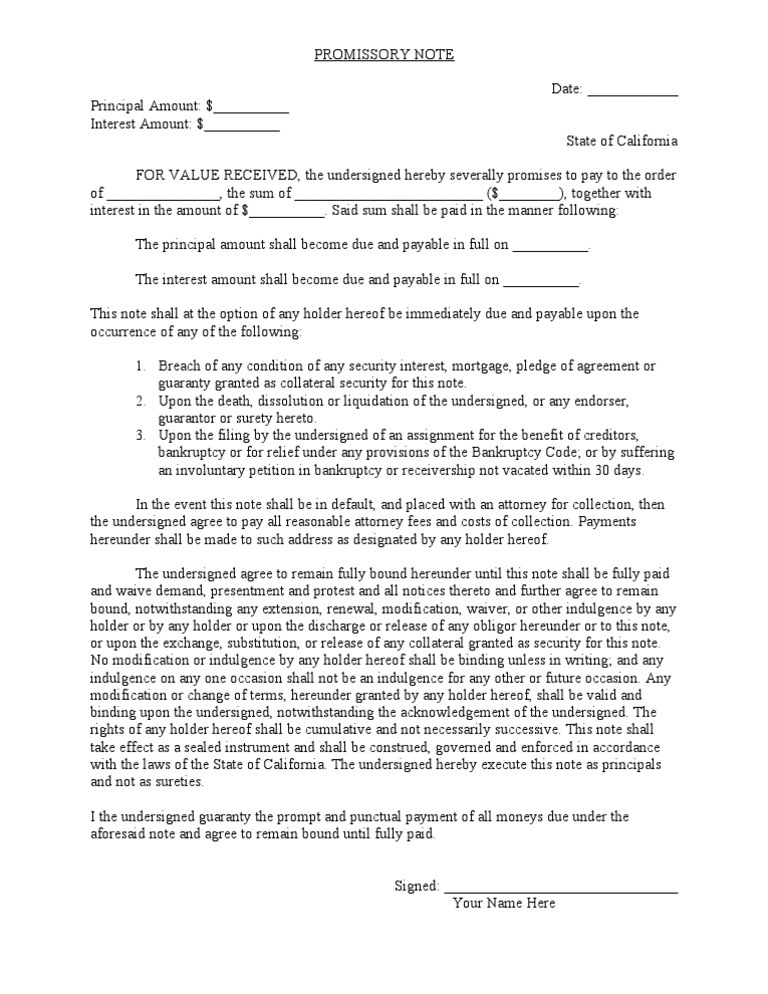 Promissory Note Template | Guarantee | Bankruptcy