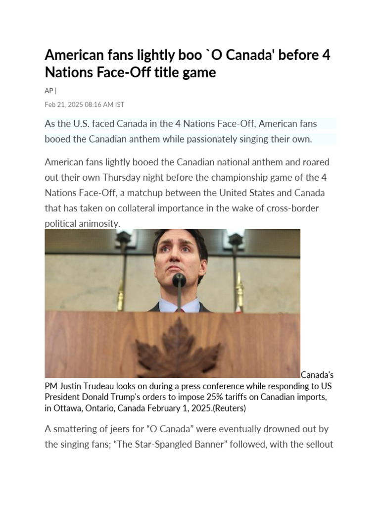 American Fans Lightly Boo 'O Canada' Before 4 Nations Face-Off Title ...