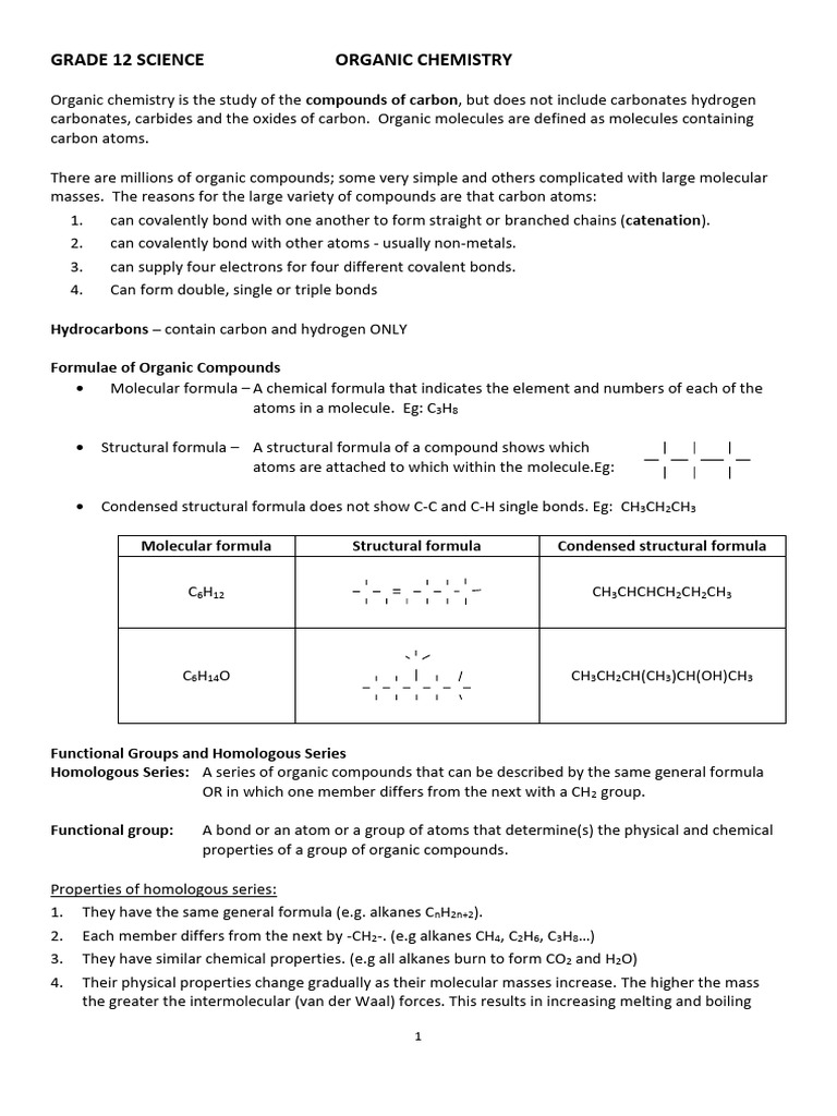 Grade 12 Organic Chemistry Guide | PDF | Chemical Bond | Functional Group