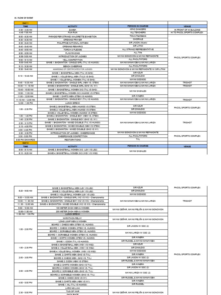 GAME SCHEDULE - XLSX FLOW OF EVENTS 1 | PDF | Games Of Physical Skill ...