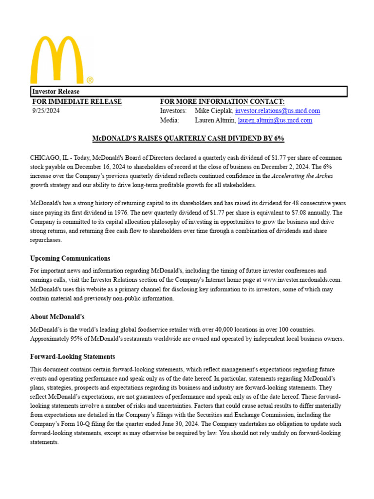 Q4-24 Dividend Release (1) | PDF | Dividend | Mc Donald's