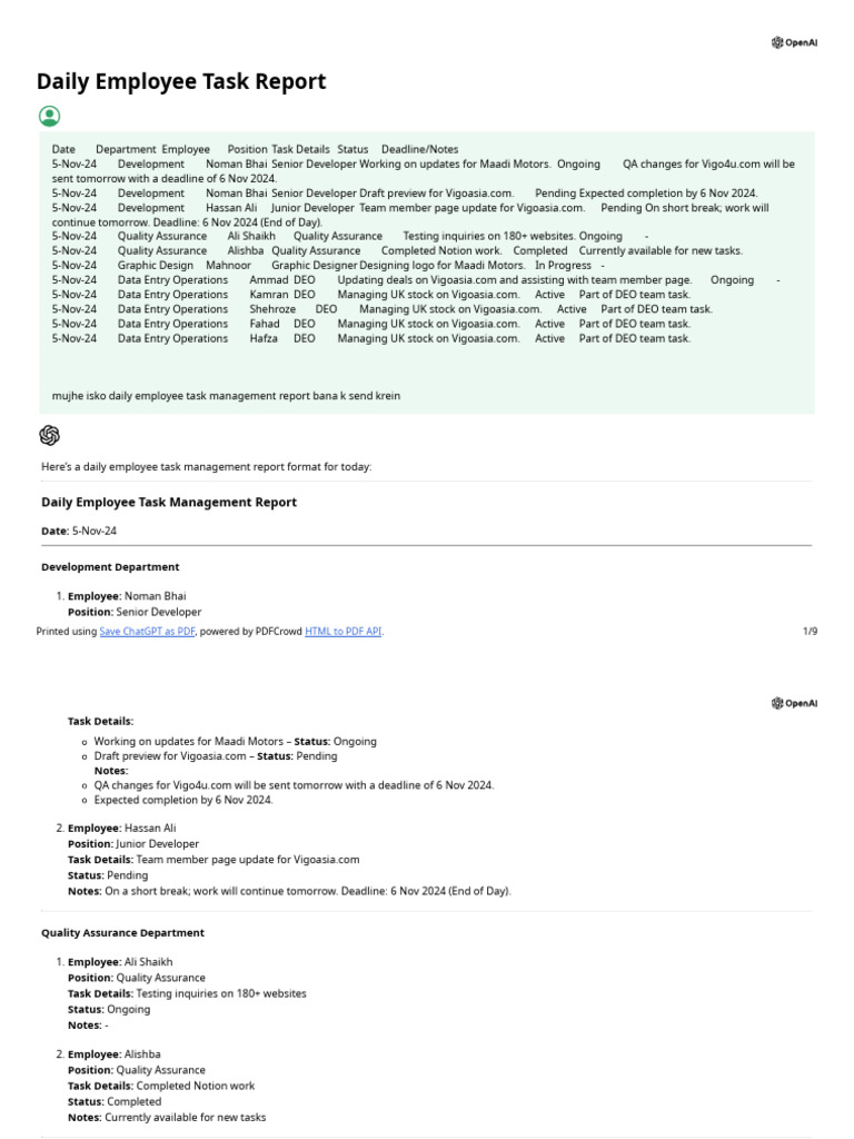 Daily Employee Task Report | PDF | Digital Technology | Computing