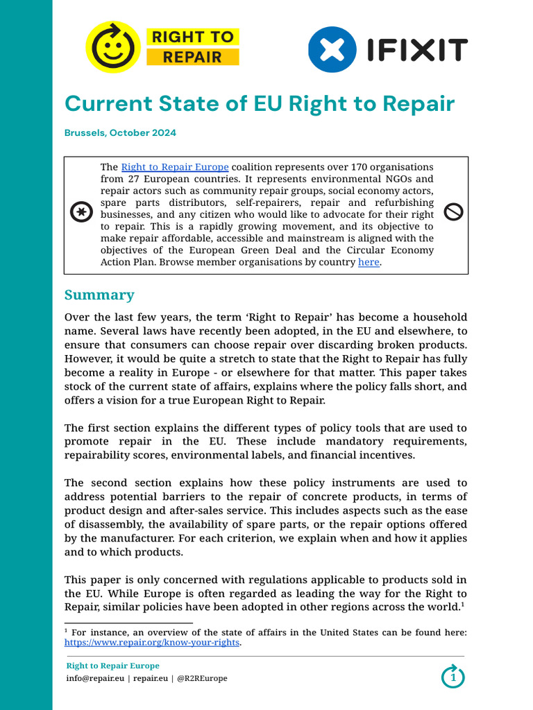 Current State of EU Right To Repair Right To Repair Europe | PDF