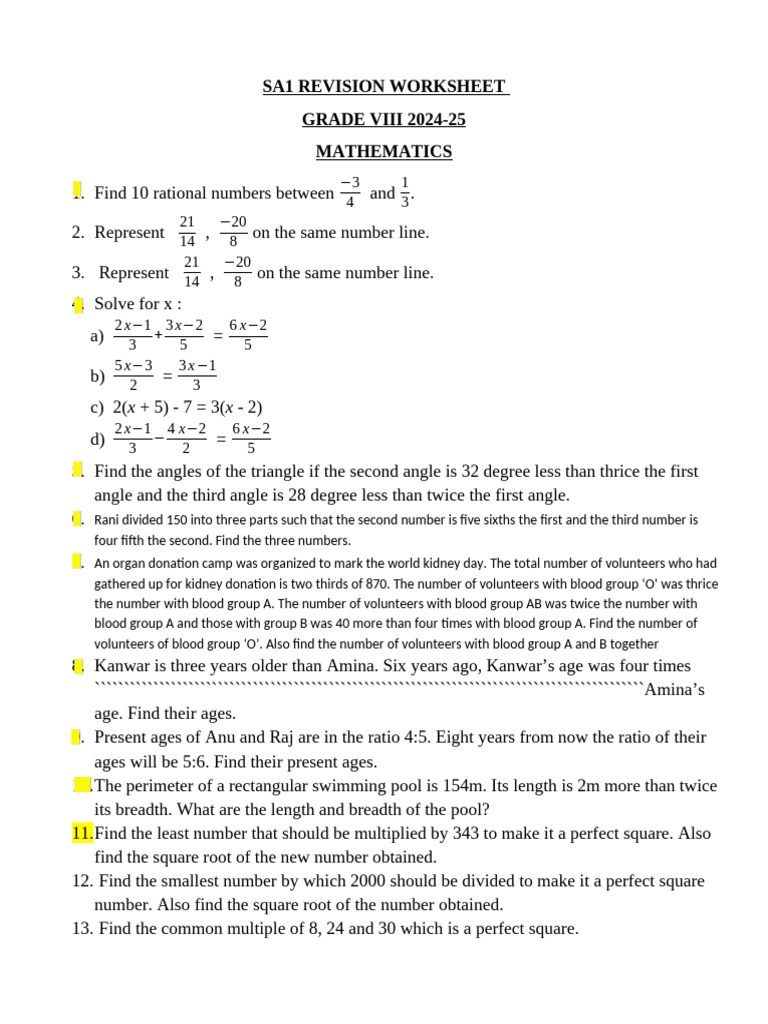 GR 8 SA1 REV SHEET 2024-25 MATHS | PDF | Elementary Mathematics | Elementary Geometry