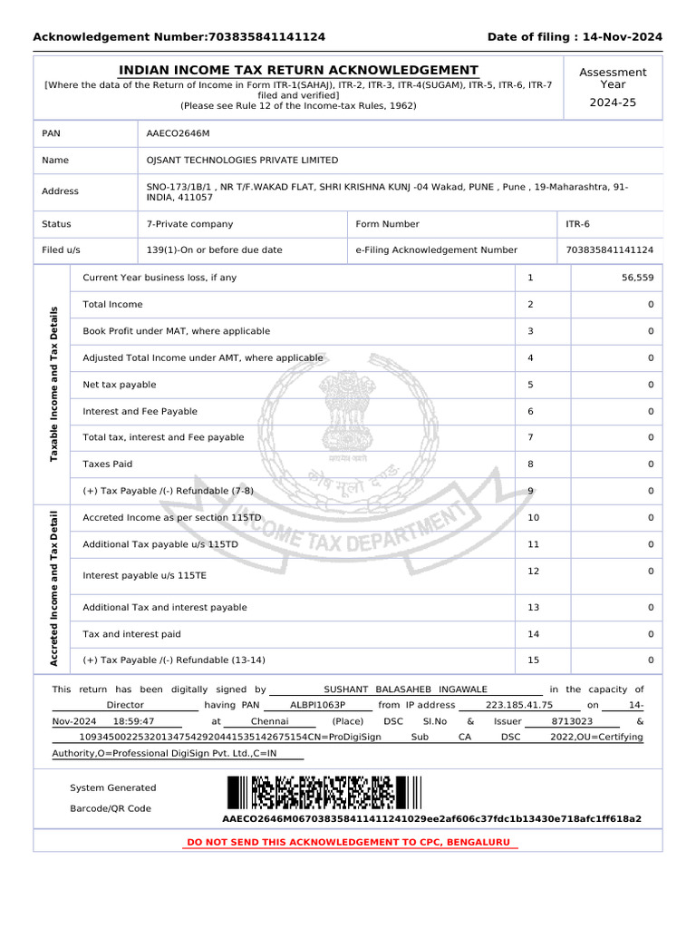 ITR-6 Acknowledgement for OJSANT Tech | PDF | Taxes | Income
