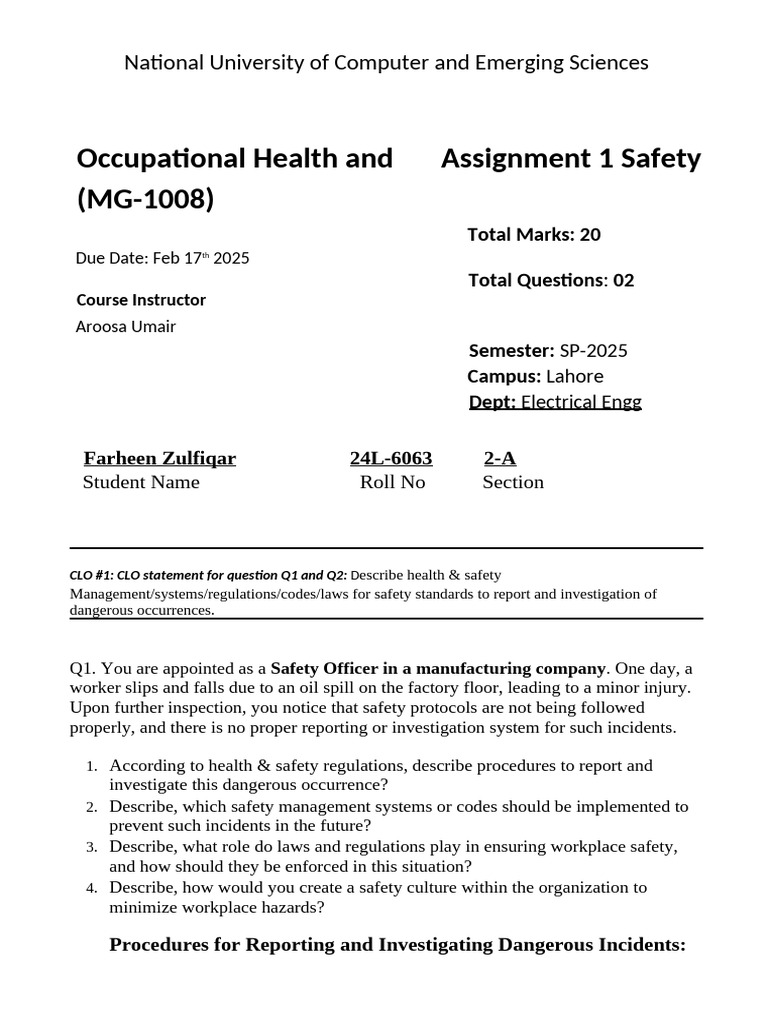 Occupational Health and Safety Assignment | PDF | Occupational Safety ...