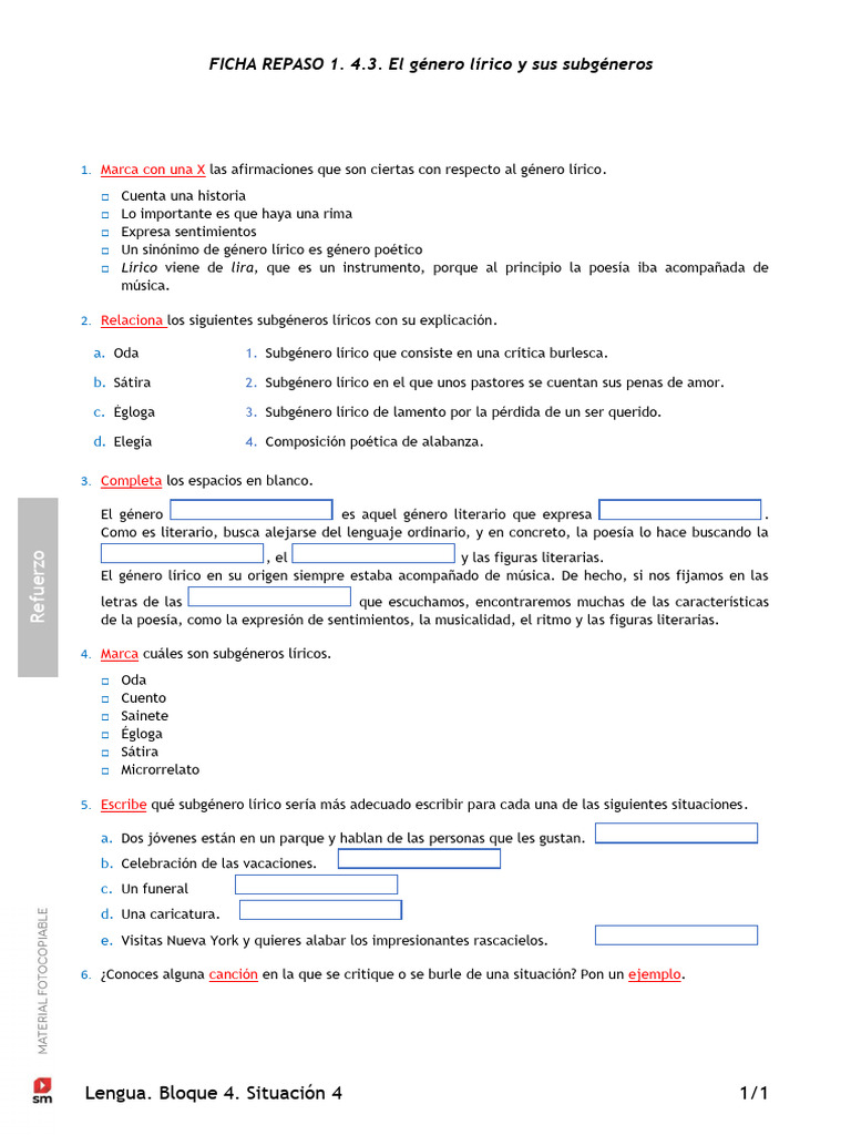 Ficha 1. Repaso 4.3. | PDF | Poesía