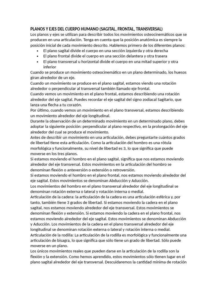 Planos y Ejes Del Cuerpo Humano | PDF | Hombro | Eje