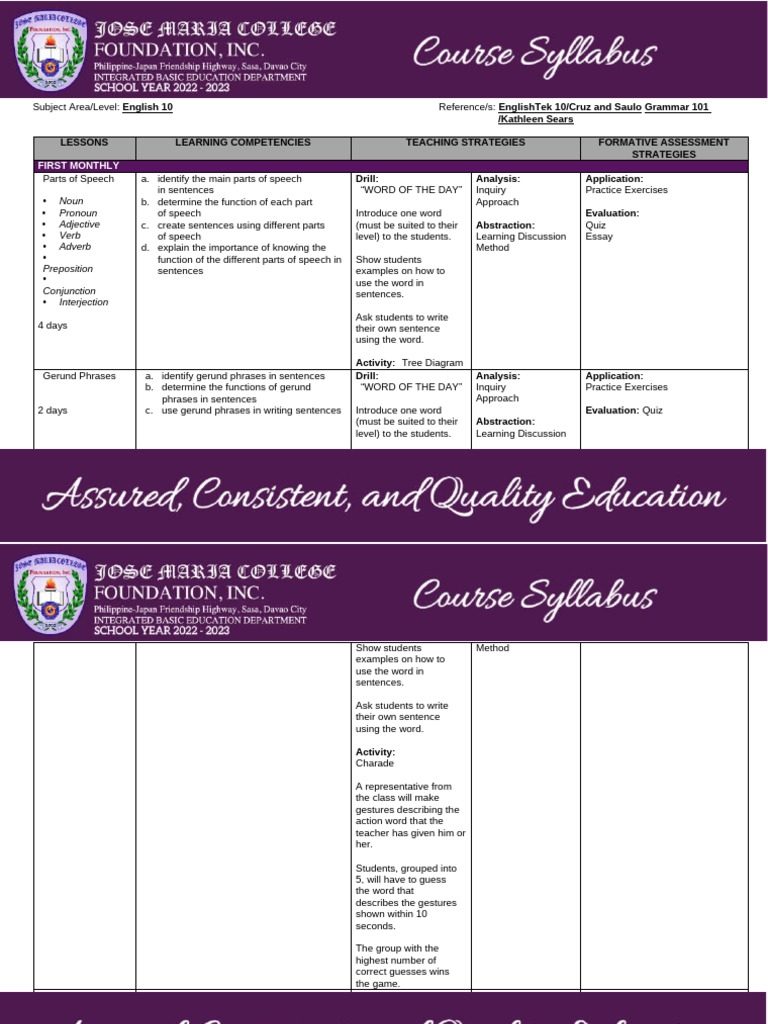 Eenglish 10 - Course-Syllabus | PDF | Part Of Speech | Verb