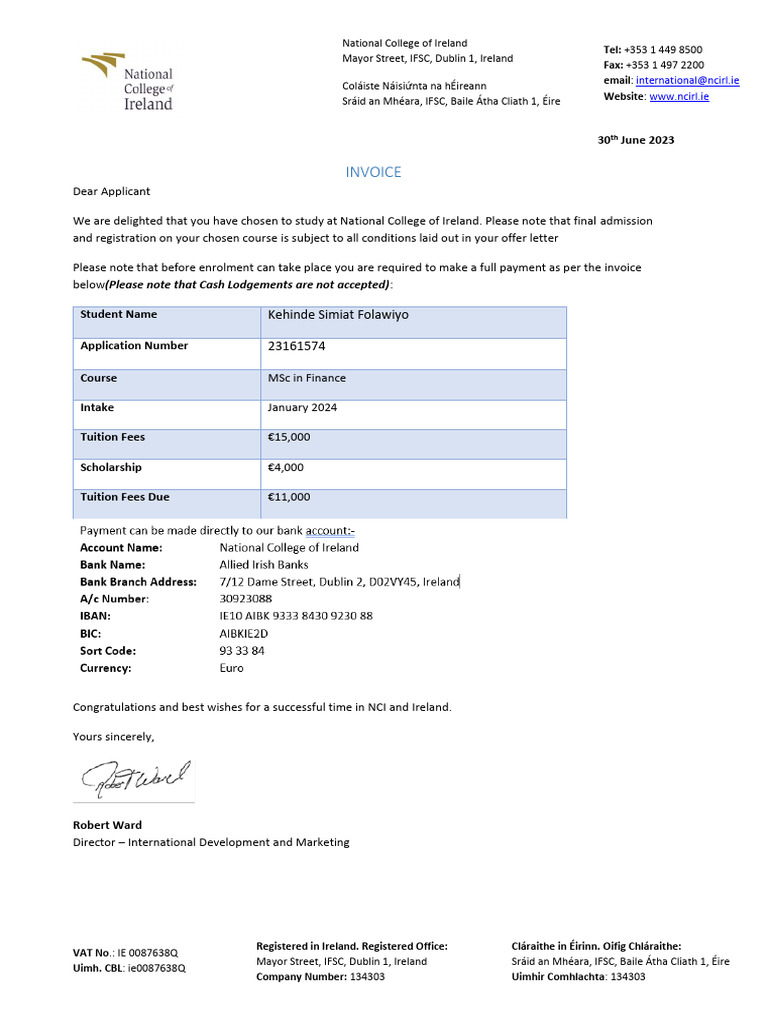 Kehinde Simiat Folawiyo - Tuition Fee Invoice | PDF