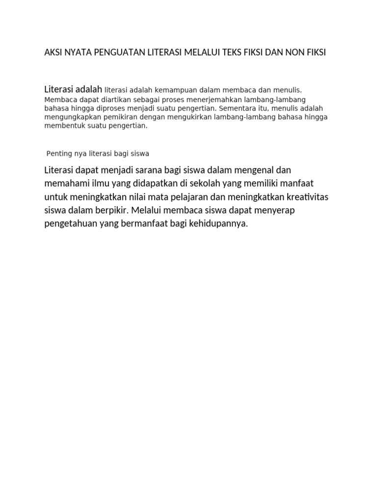 Aksi Nyata Penguatan Literasi Melalui Teks Fiksi Dan Non Fiksi | PDF