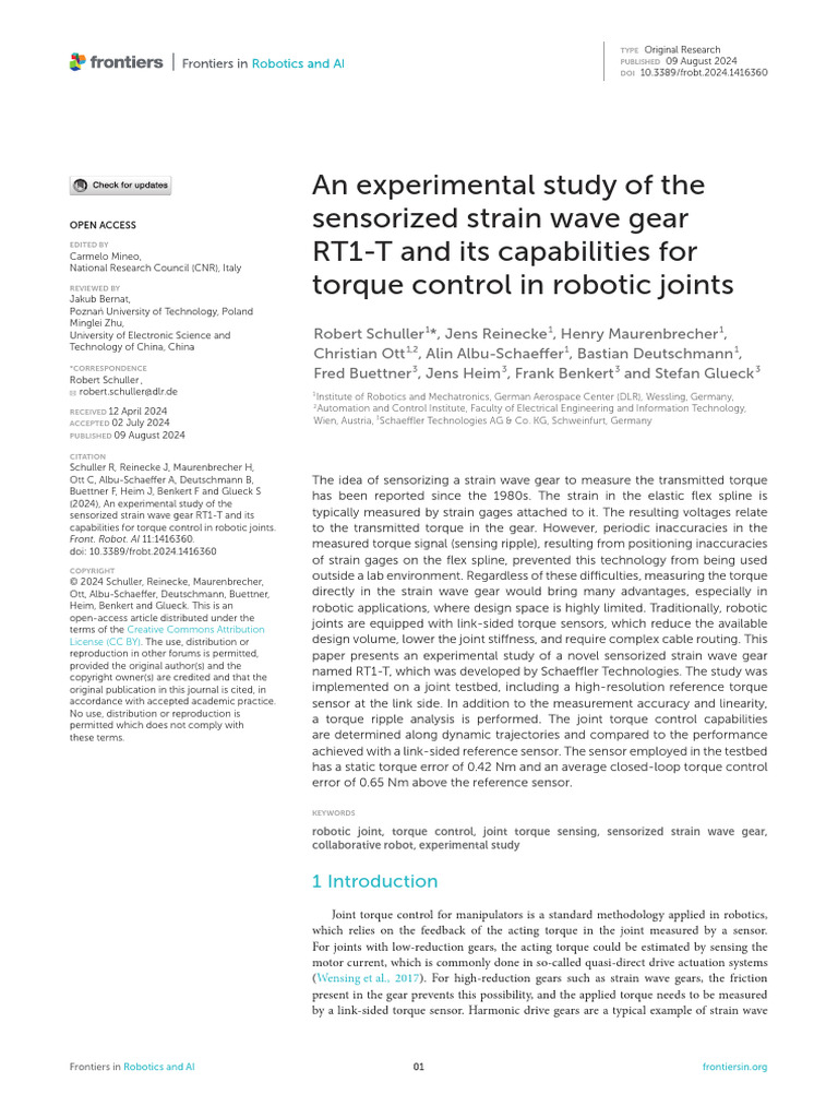 An experimental study of the sensorized strain wave gear RT1-T and its capabilities for torque ...