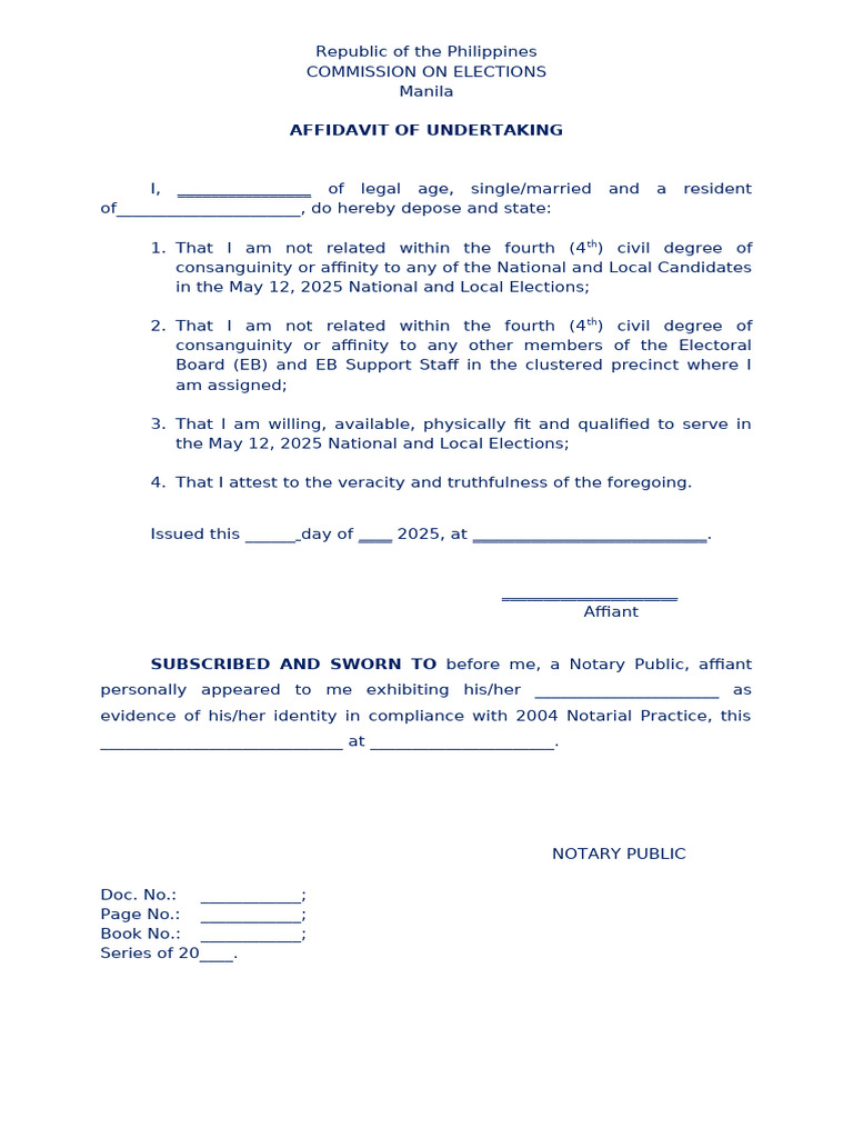Affidavit of Undertaking for Elections | PDF