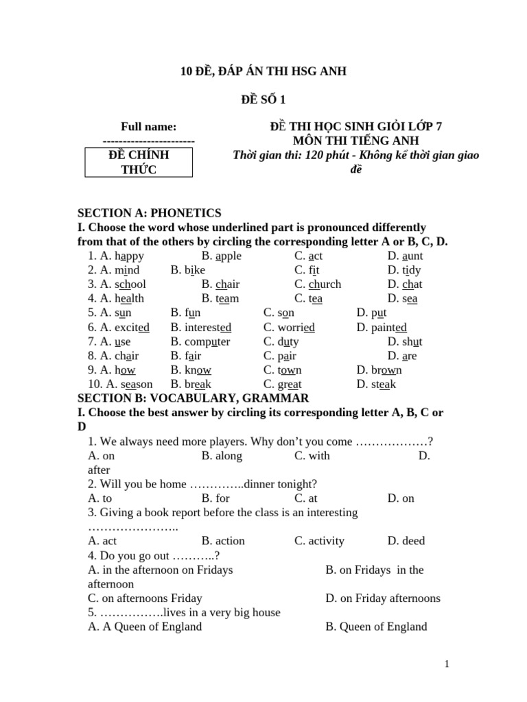 10 de Dap An Thi HSG Anh 7 | PDF