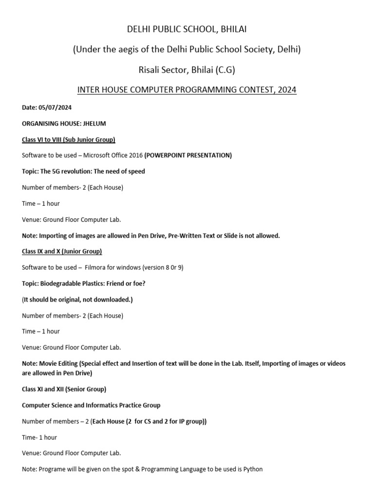 DPS Bhilai Inter House Programming Contest 2024 | PDF | Software ...
