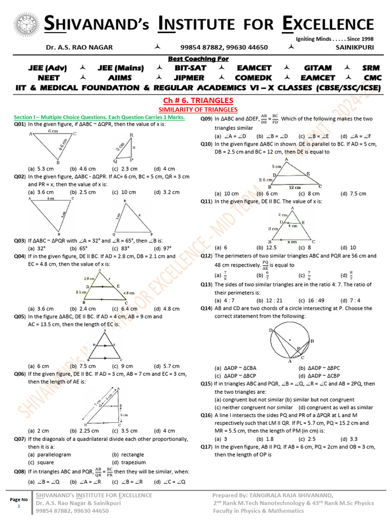 SHIVANAND's - Mathematics - Similar Triangles - Final Exams - Revision ...
