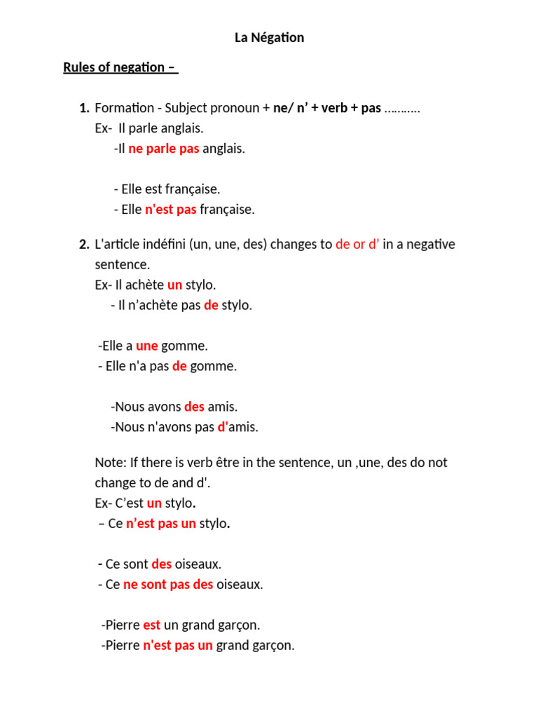 La Négation Helpful Notes | PDF