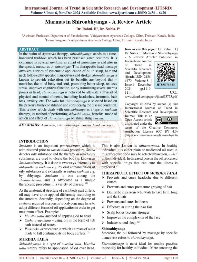 Marmas in Shiroabhyanga A Review Article | PDF | Ayurveda | Massage