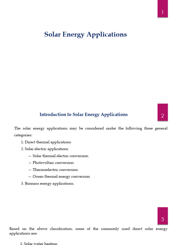 Overview of Solar Energy Applications | PDF | Solar Energy | Water Heating