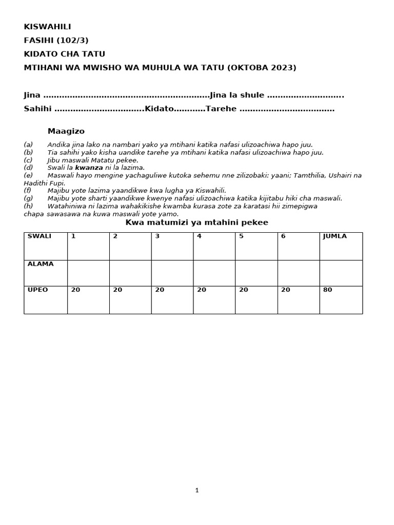 Kisw F3 PP3 QST 2024 Teacher - Co - .Ke | PDF