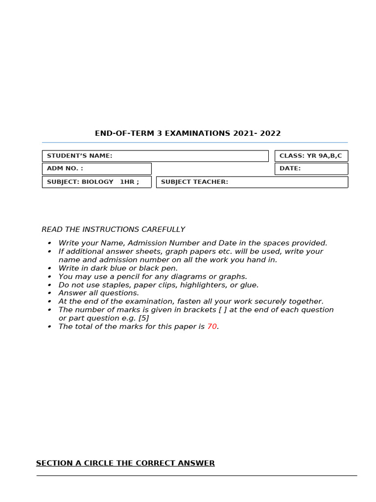 Year 9 End Term 3 Biology Exam | PDF | Leaf | Cell (Biology)