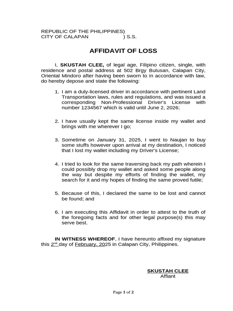 FORM No. 3 - Affidavit of Loss of Identification Card LEGAL FORMS | PDF