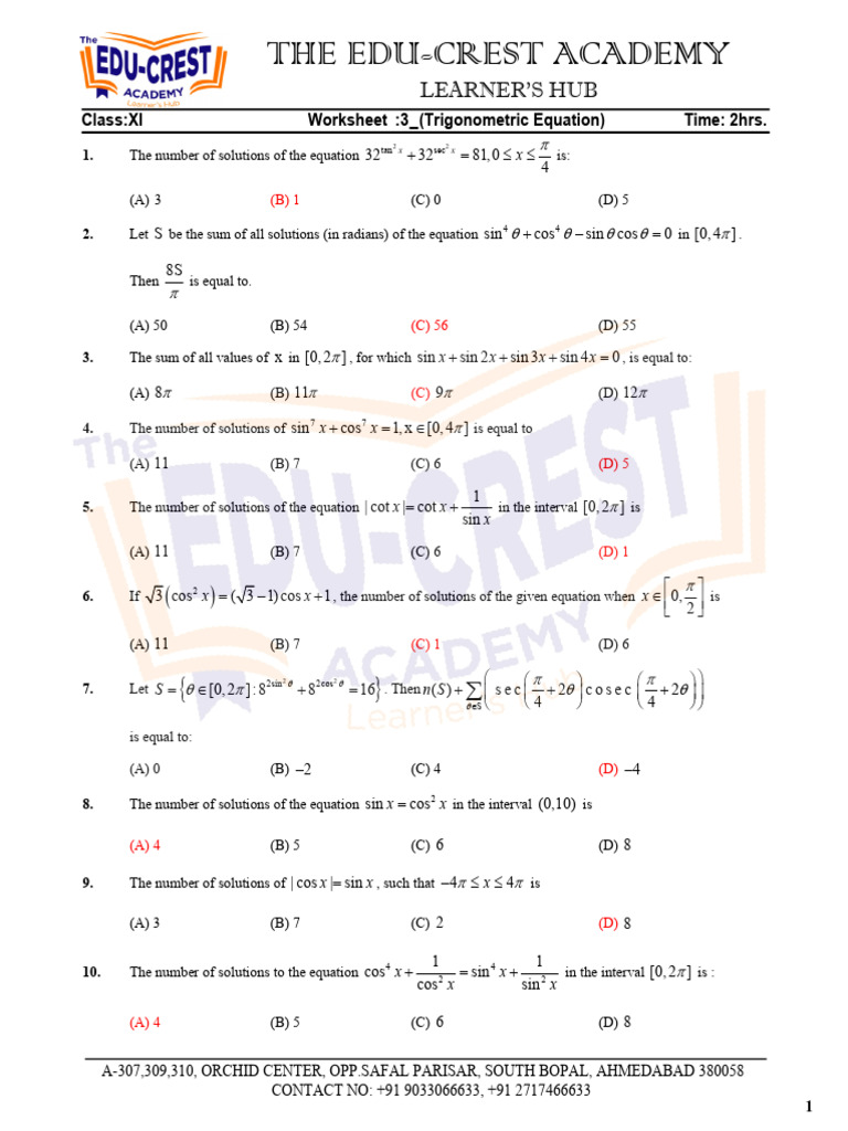DPP 03 11th TRIGONOMETRIC - EQUATION | PDF | Trigonometric Functions | Mathematics