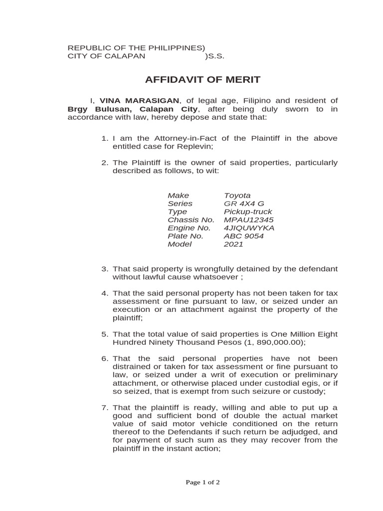 Affidavit of Merit for Replevin Case | PDF | Affidavit | Common Law