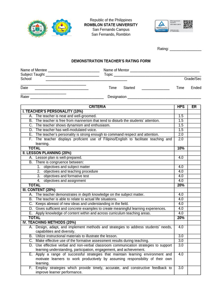 Demonstration Teachings Rating Form | PDF | Learning | Teachers
