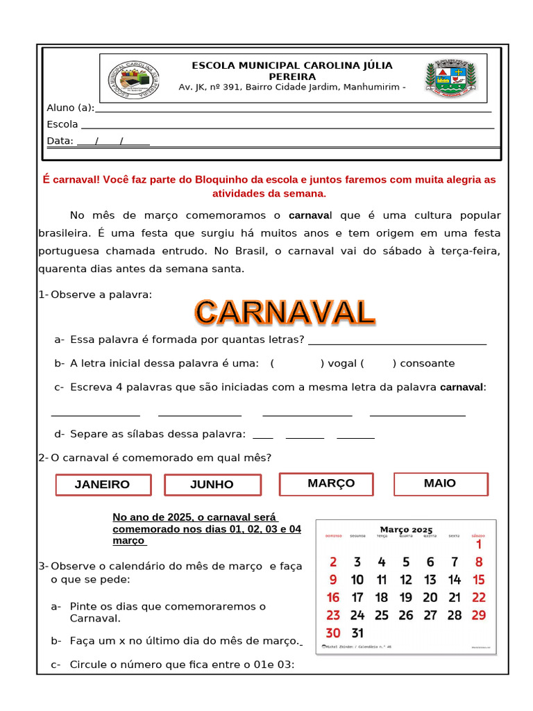 Atividade de Carnaval | PDF | Carnaval