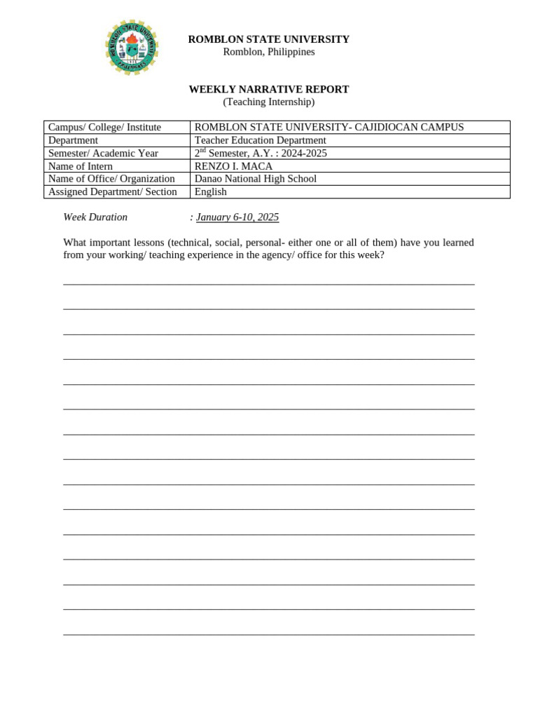 WEEKLY-NARRATIVE-REPORT-Template | PDF