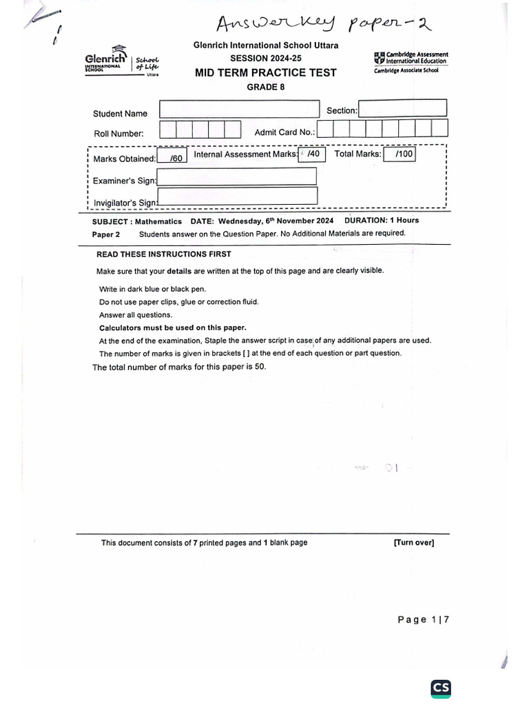 Answer Key Grade 8 Practice Test Paper 1&2 (UPDATED) | PDF