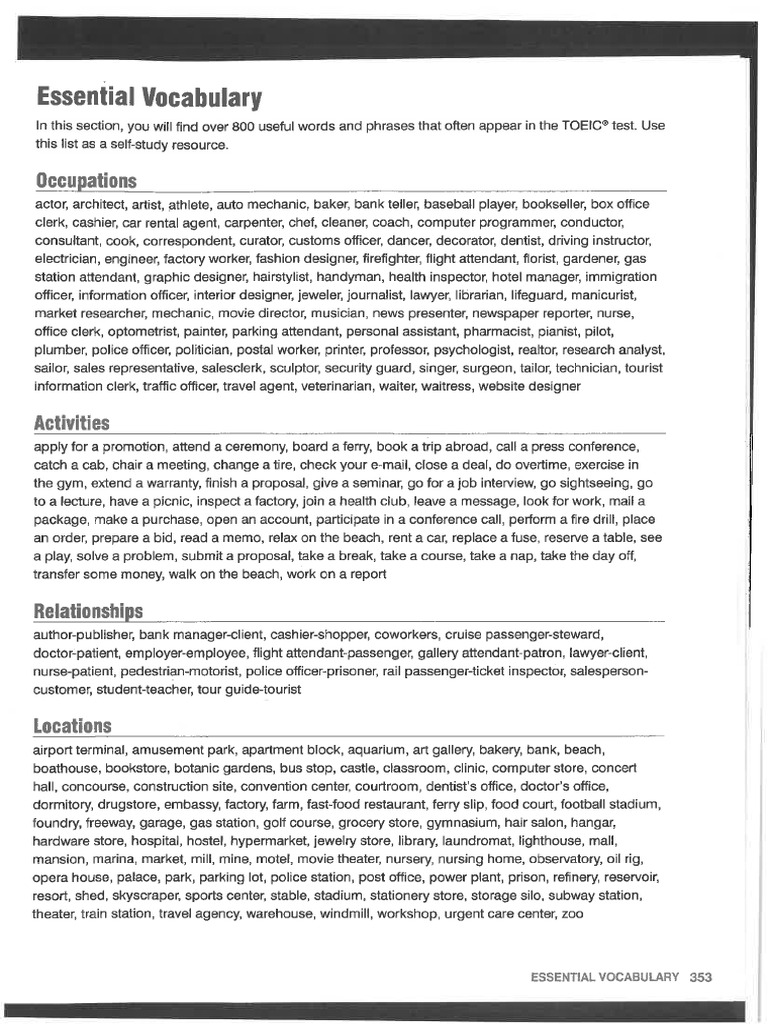 Essential Vocab For The TOEIC Test | PDF
