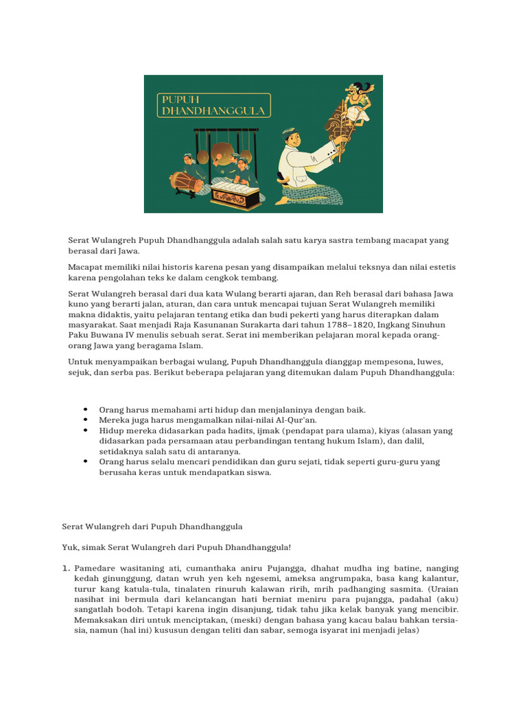 Serat Wulangreh Pupuh Dhandhanggula adalah salah satu karya sastra ...