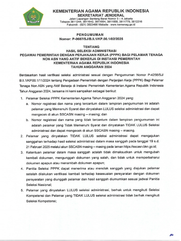 Pengumuman Hasil Seleksi Administrasi PPPK Bagi Pelamar Tenaga Non Asn Tahap II Ta 2024 PDF | PDF