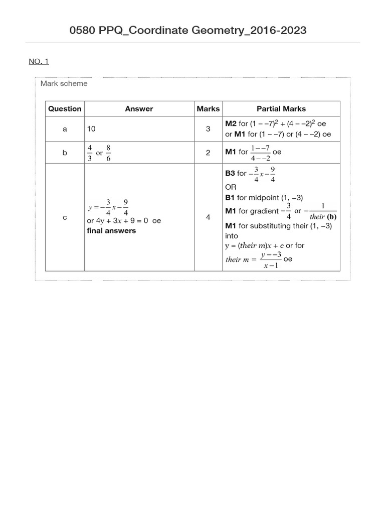0580 PPQ Coordinate Geometry 2016-2023 Answers | PDF | Mathematical Physics | Applied Mathematics