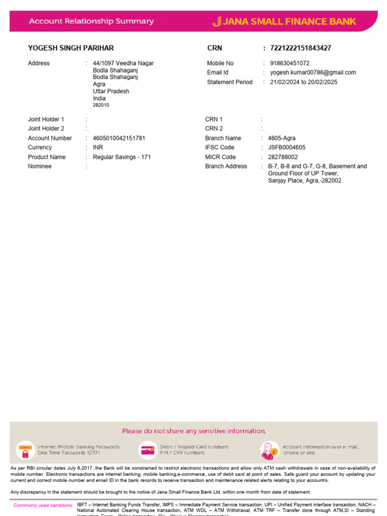 Jana Small Finance Bank Statement | PDF | Banks | Automated Teller Machine