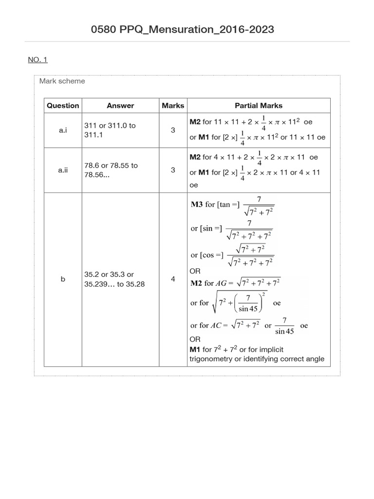 0580 PPQ Mensuration 2016-2023 Answers | PDF