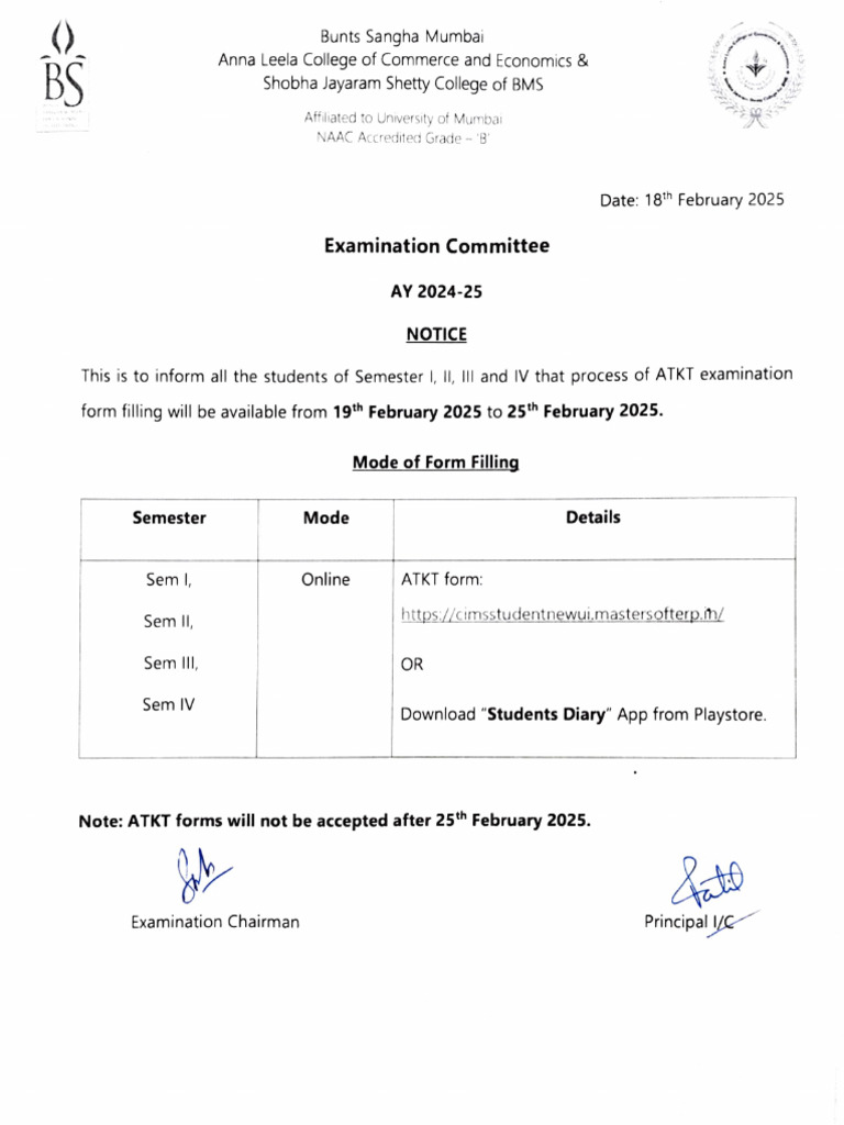 Atkt Sem 1,2,3,4 Exam Form Notice Feb 2025 | PDF