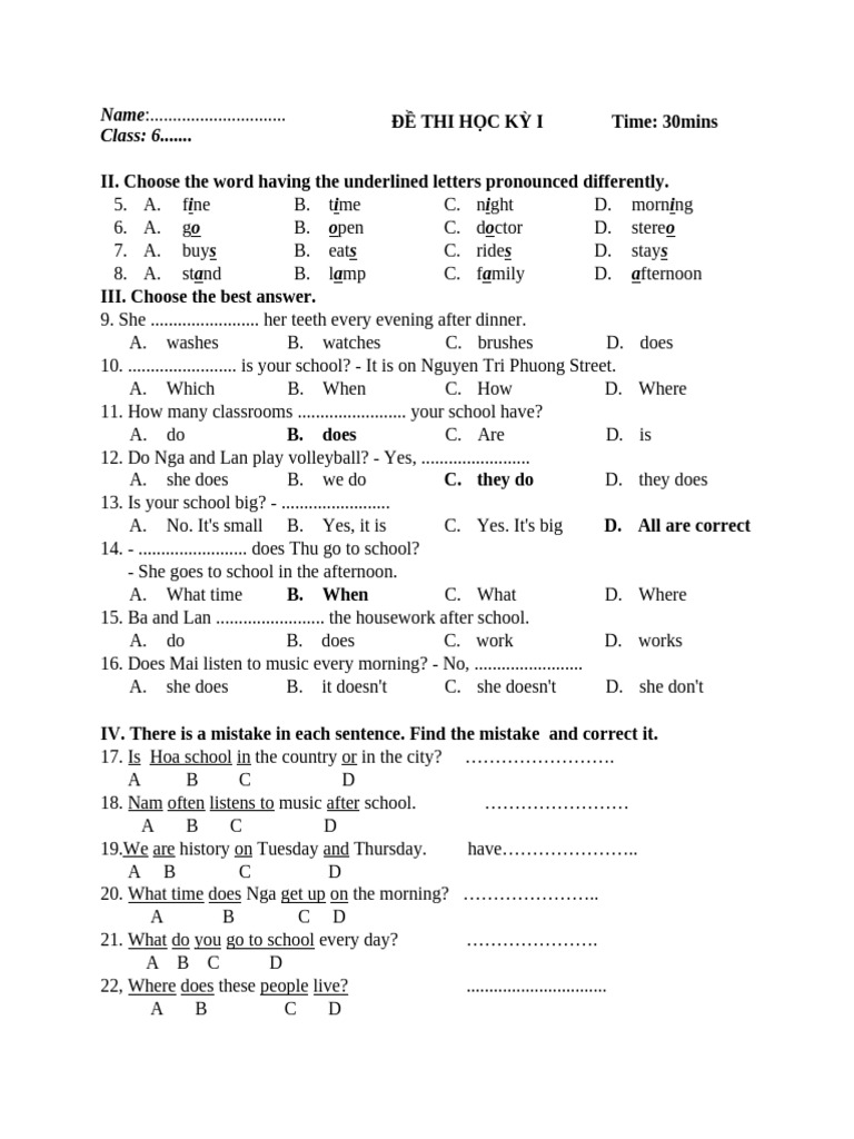 Đề thi HKI Anh 6 | PDF