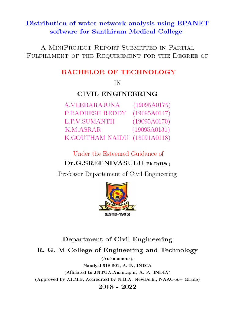 2021-22 CE Distribution of Water Network Analysis Using EPANET Software for Santhiram Medical ...