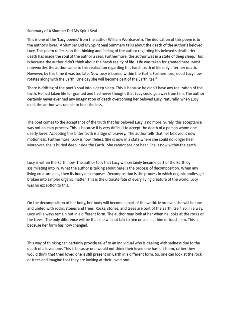A Slumber Did My Spirit Seal Summary | PDF | Poetry