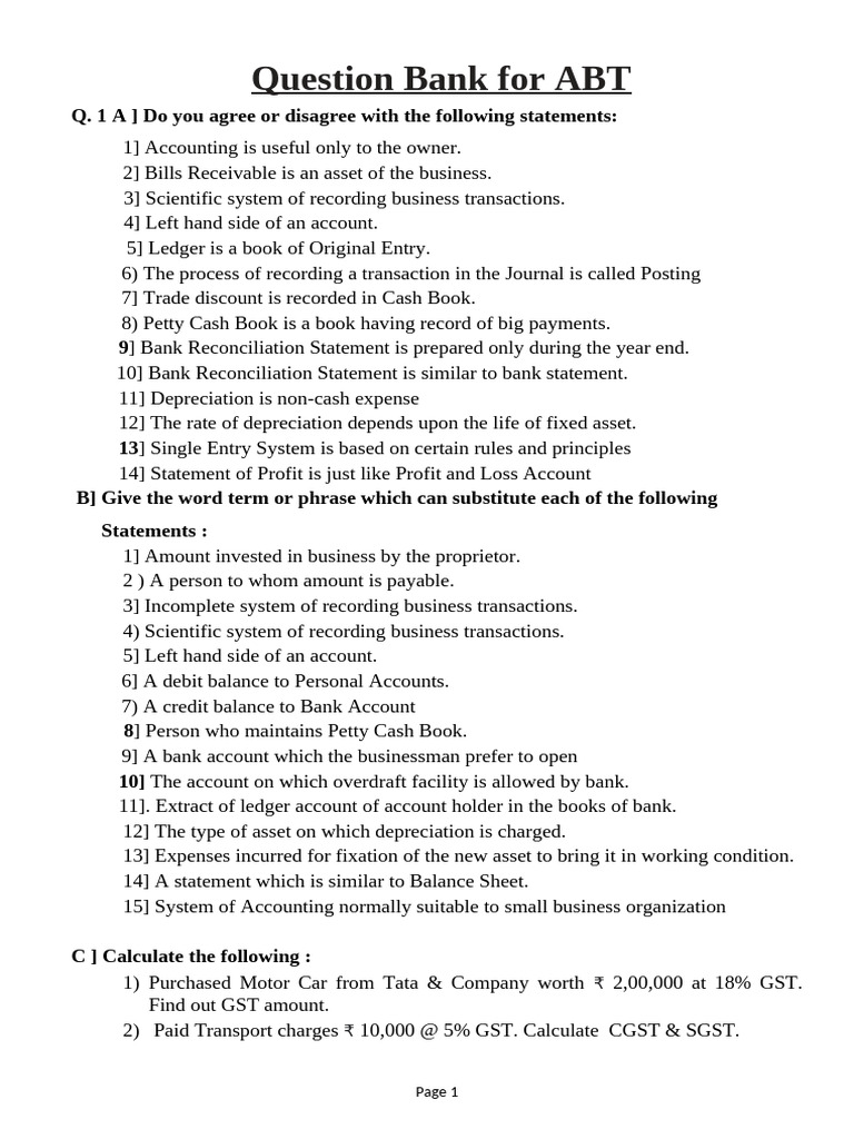 ABT Accounting Question Bank | PDF | Banks | Financial Accounting